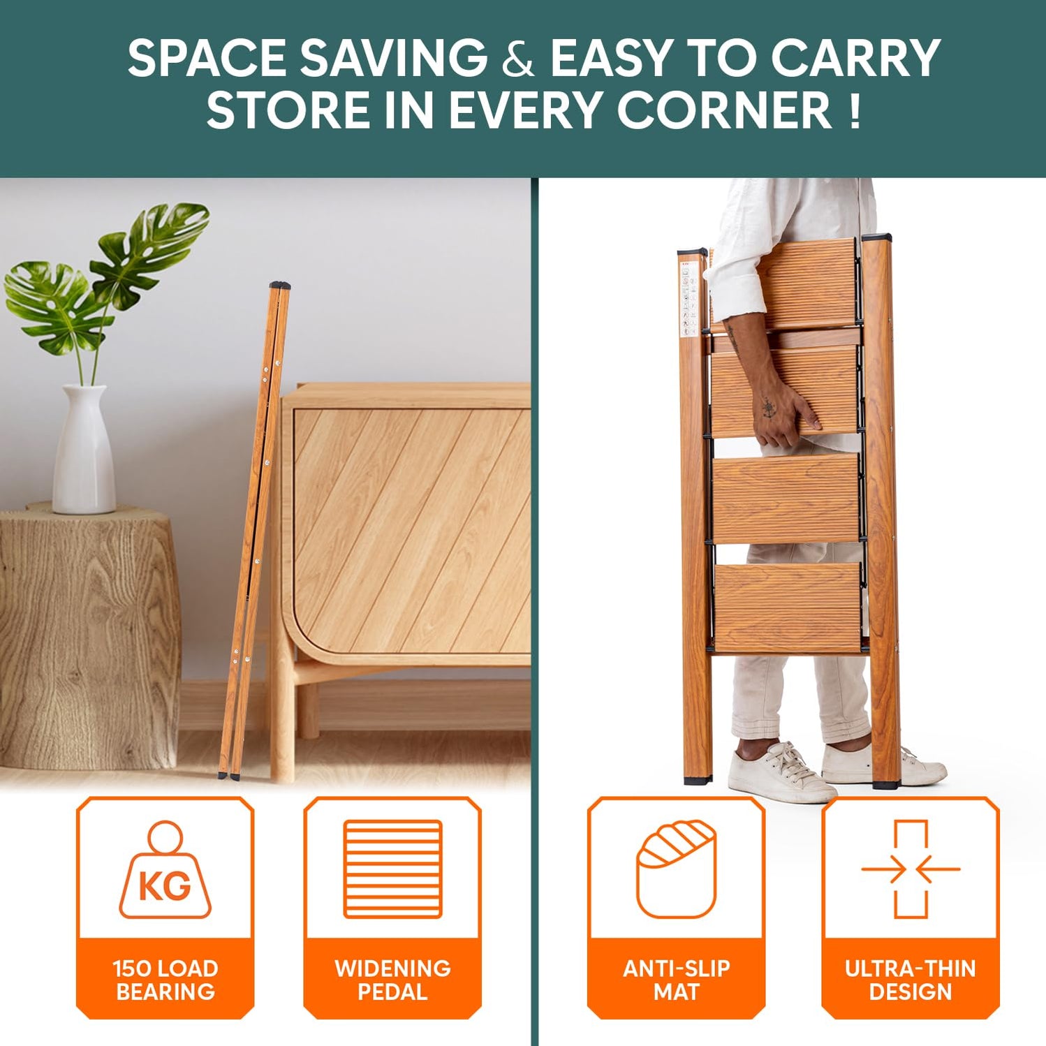 Corvids 4-Steps Premium Folding Step Stool | 2-Year Warranty | Wide An